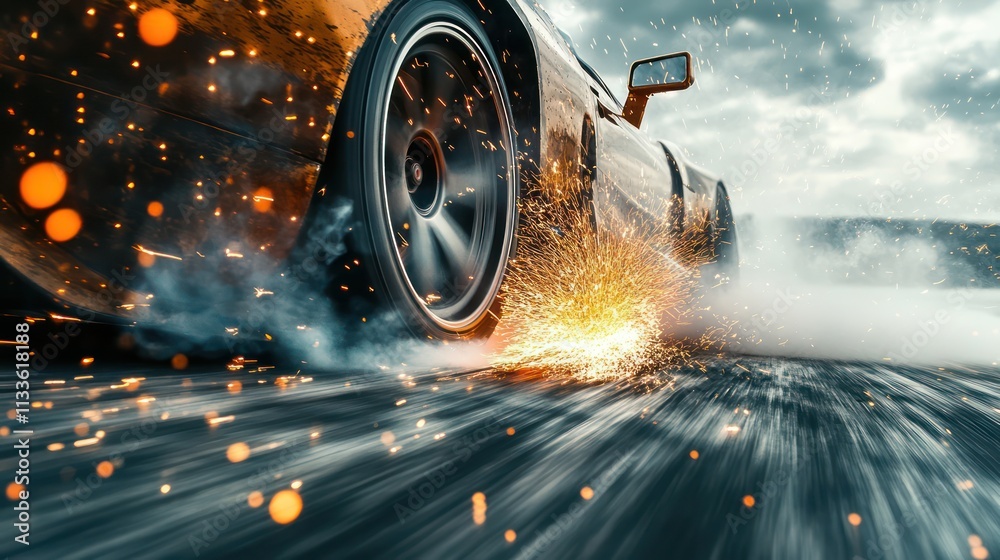 High-resolution photograph of a race car entering a high-speed drift on ...