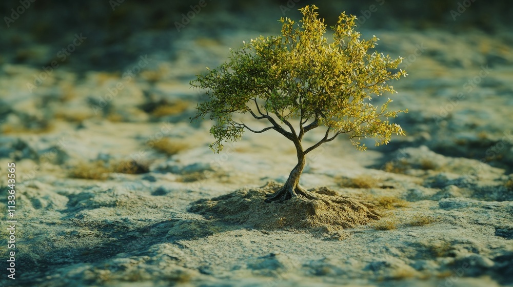 117.Conceptual scene with a tree emerging from barren, dry soil ...