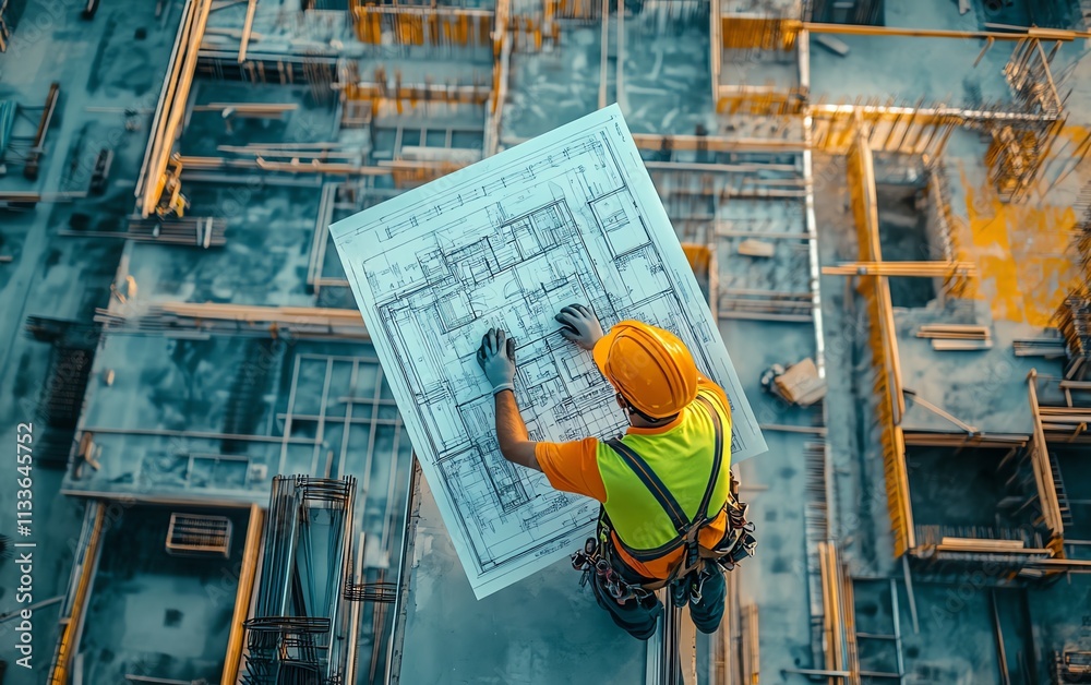 Building house from blueprints, construction site with worker ...