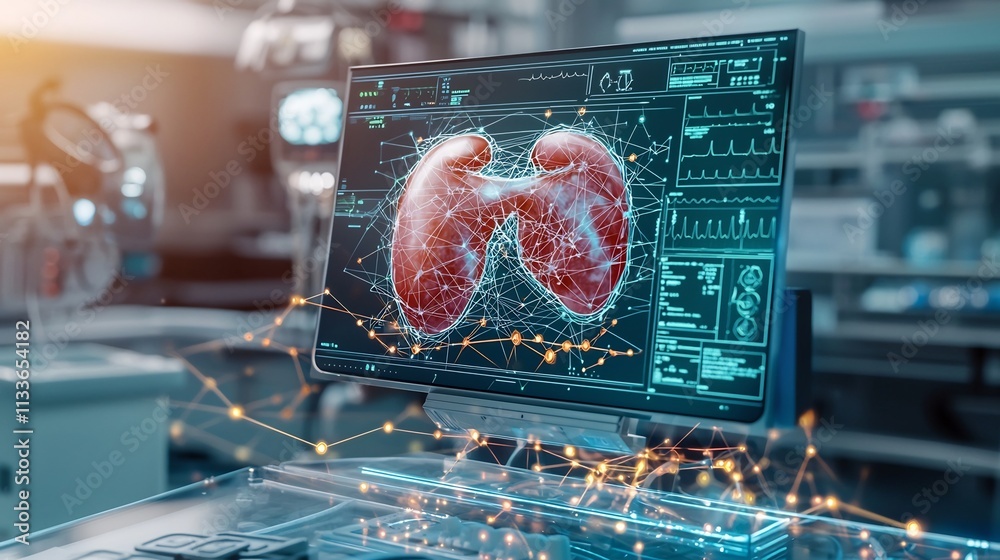 Diagnostic screen in a healthcare facility displaying a virtual twin of ...