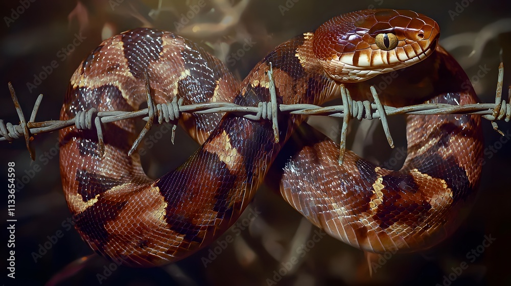 abstract double exposure showing a snake intertwined with barbed wire ...