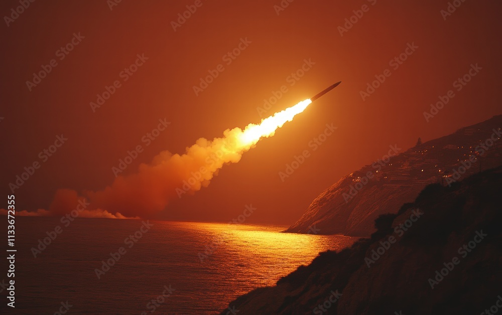 Fiery Ascent: A missile launches into the twilight sky, leaving a trail ...