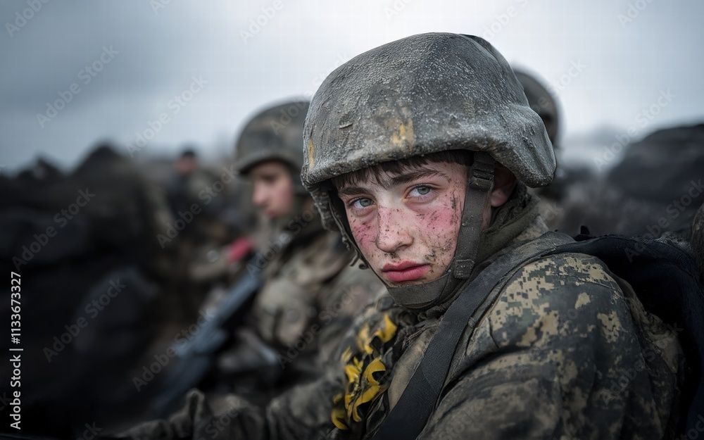 A young soldier's determined gaze pierces through the grime of battle ...