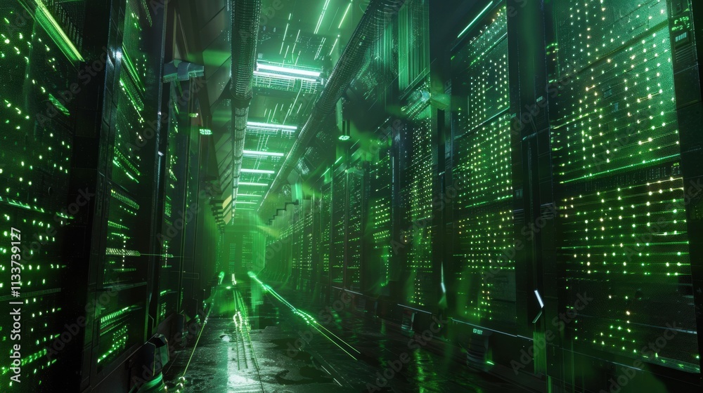Blinking green lights on server racks illuminate a dark server room ...