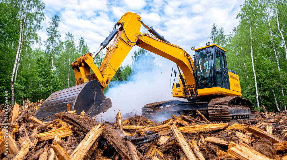 yellow excavator operates in dense forest, clearing logs and debris for ...