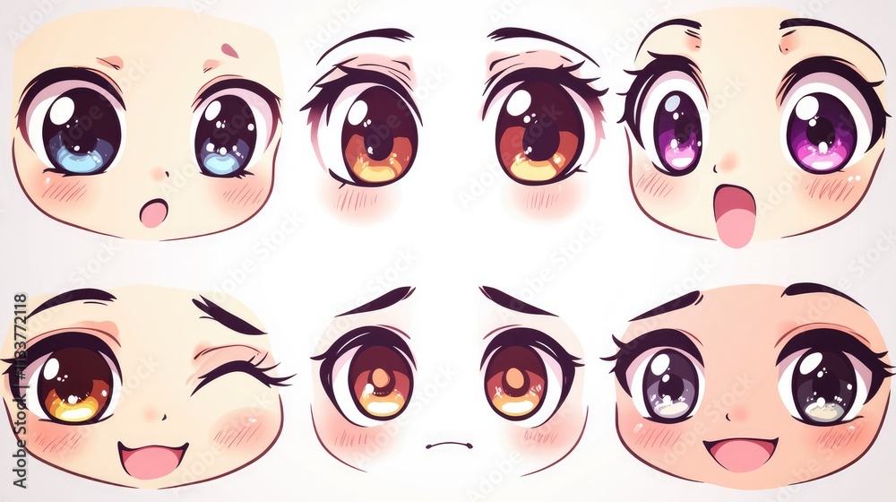 Kawaii cute faces. Manga style eyes and mouths. Funny cartoon japanese ...