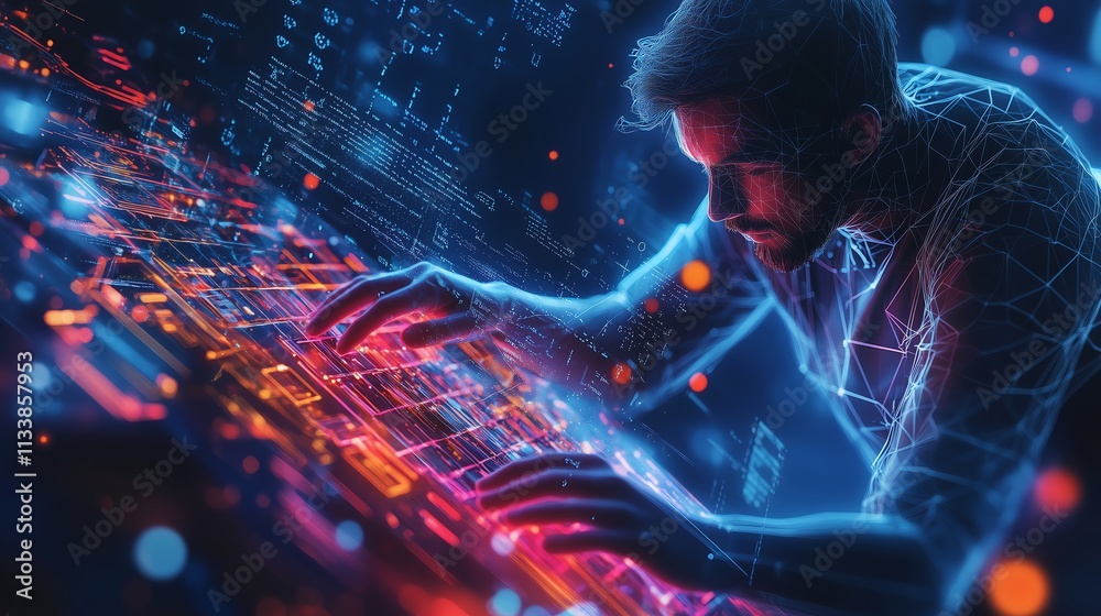 Man Typing Mid-Motion on a Transparent Virtual Keyboard, Surrounded by ...