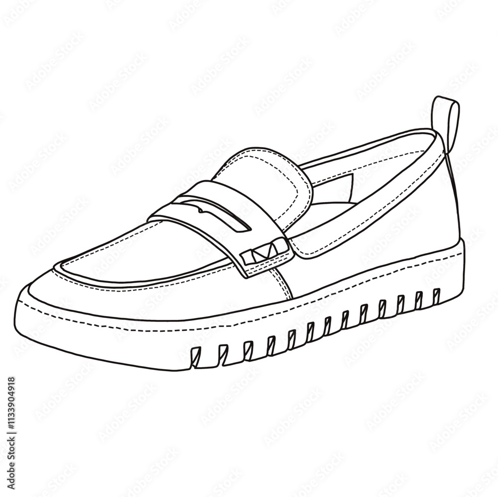Women's Slip-on Loafer with strap Shoes Line art, Technical sketch hand ...