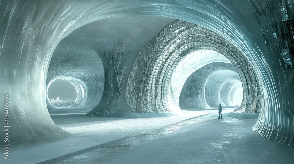A tunnel-like structure inside an iceberg, with smooth ice walls and ...