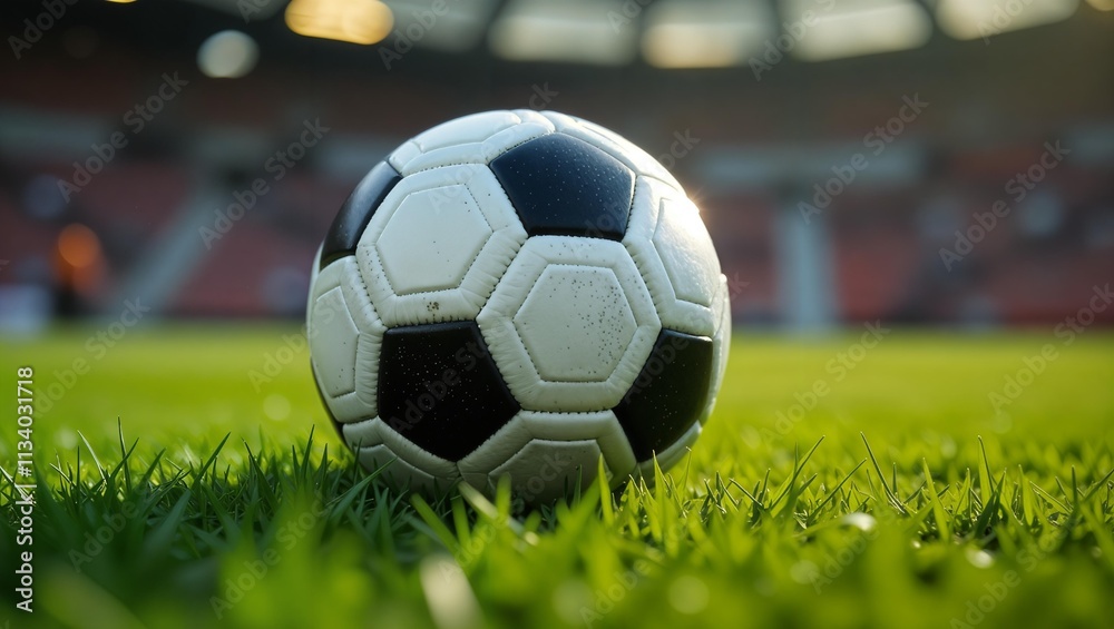 Ball on lawn of football field in stadium. Soccer ball in front of ...