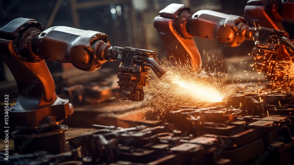 Closeup view of robotic arms carefully dipping metal components into a ...