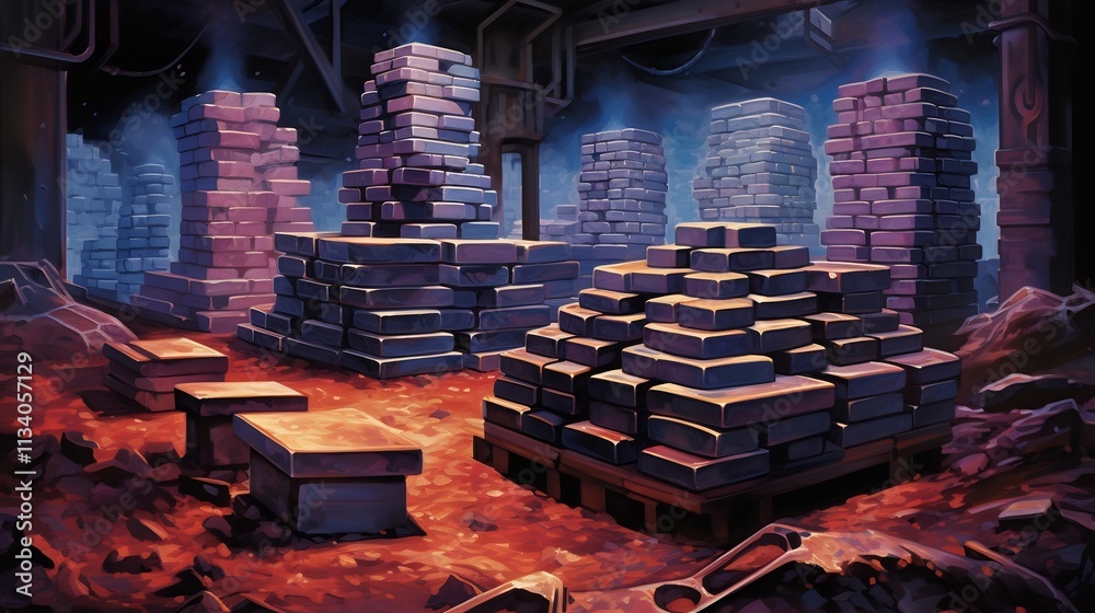 Striking industrial scene showcasing stacks of gleaming zinc ingots in ...