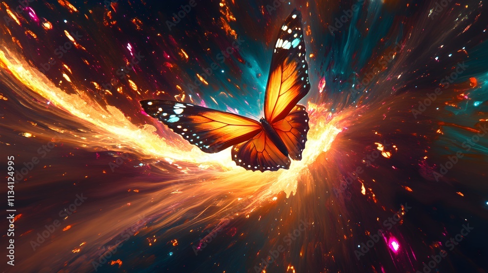 A glowing butterfly leaving a trail of bright, flowing colors as it ...