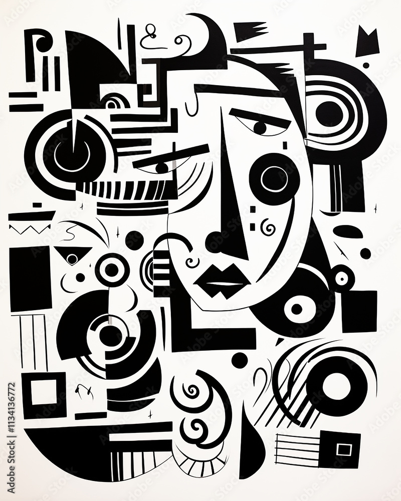 Pencil and ink drawing of shapes and objects, minimalist pop art style ...