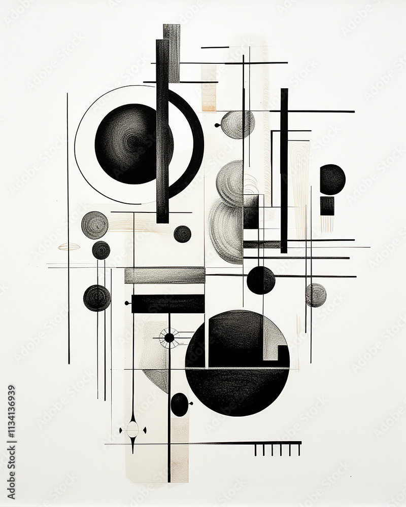 Pencil and ink drawing of shapes and objects, minimalist pop art style ...