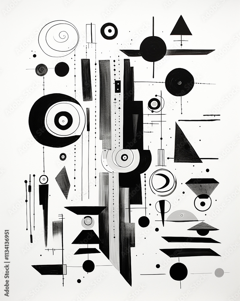 Pencil and ink drawing of shapes and objects, minimalist pop art style ...