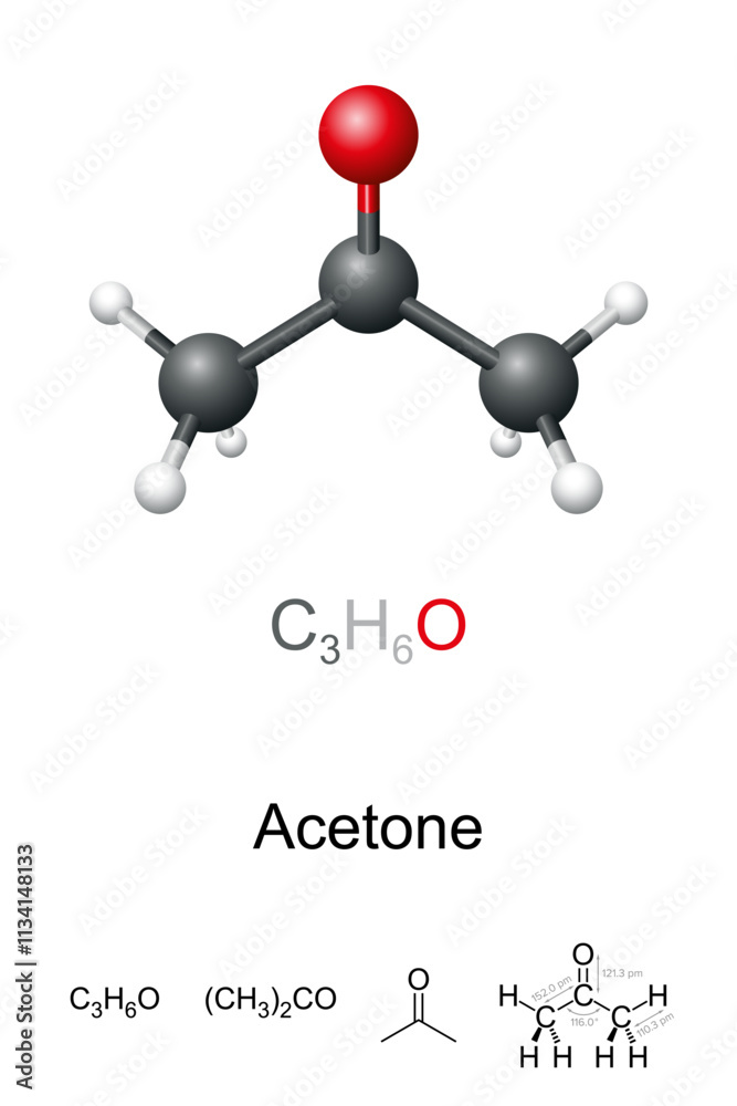 Acetone, molecule model, chemical formula and structure. Also 2 ...