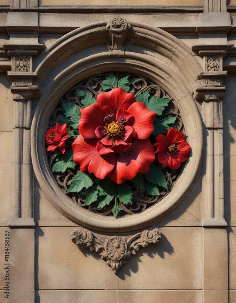 Carved Tudor rose on the facade of an old, historic building , entrance ...