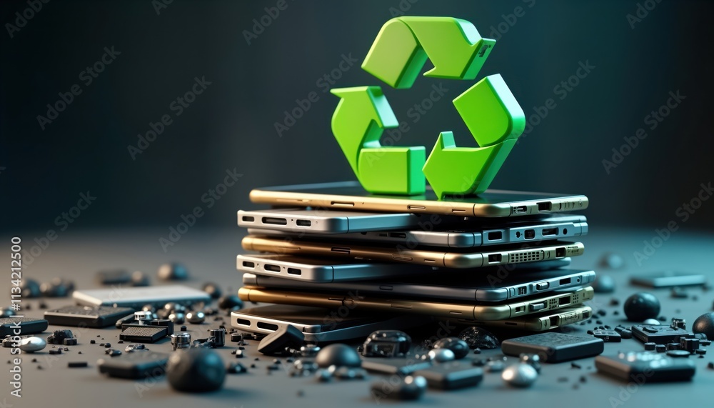 E waste recycling concept. Stacked electronic devices including phones ...