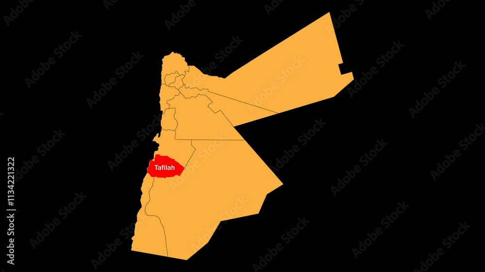 Tafilah map animated video. The location is highlighted on the Jordan map. Colour map with ...