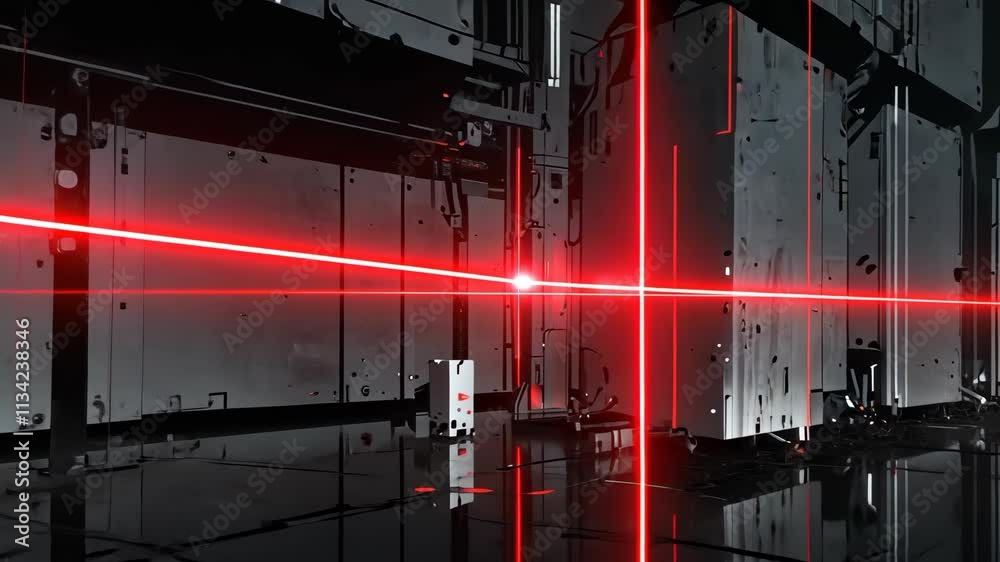 Video footage of bright red laser beam cuts through a dark industrial ...