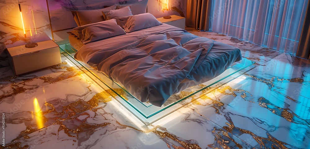 Cozy bedroom featuring a glass bed frame and soft bedding, bathed in ...