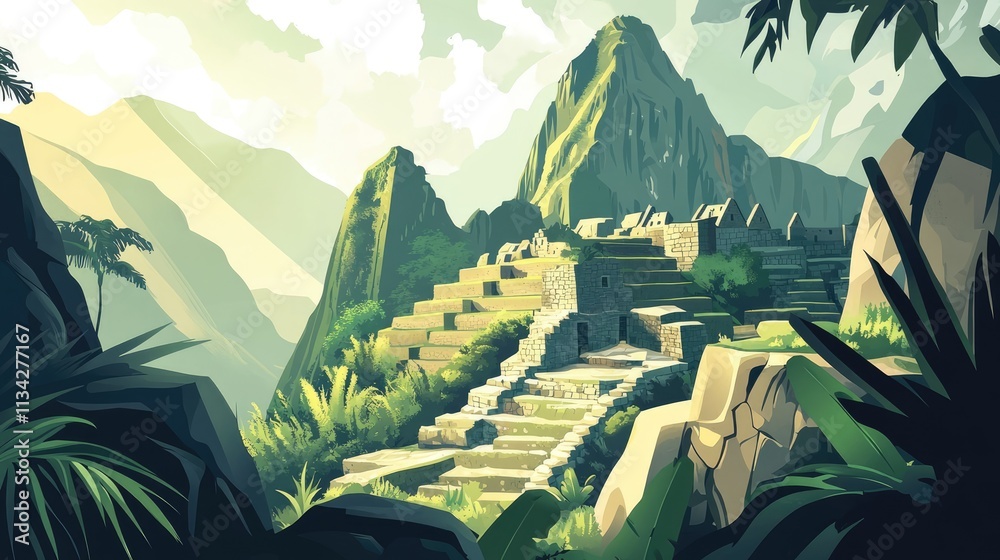 vector poster showcasing the awe inspiring Machu Picchu in Peru ...