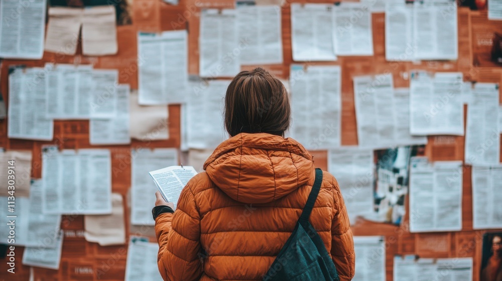 Person standing in front of a job listings board, scanning ...