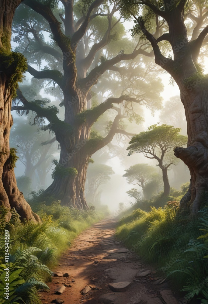 Overgrown pathways leading to colossal ancient trees in a misty valley ...