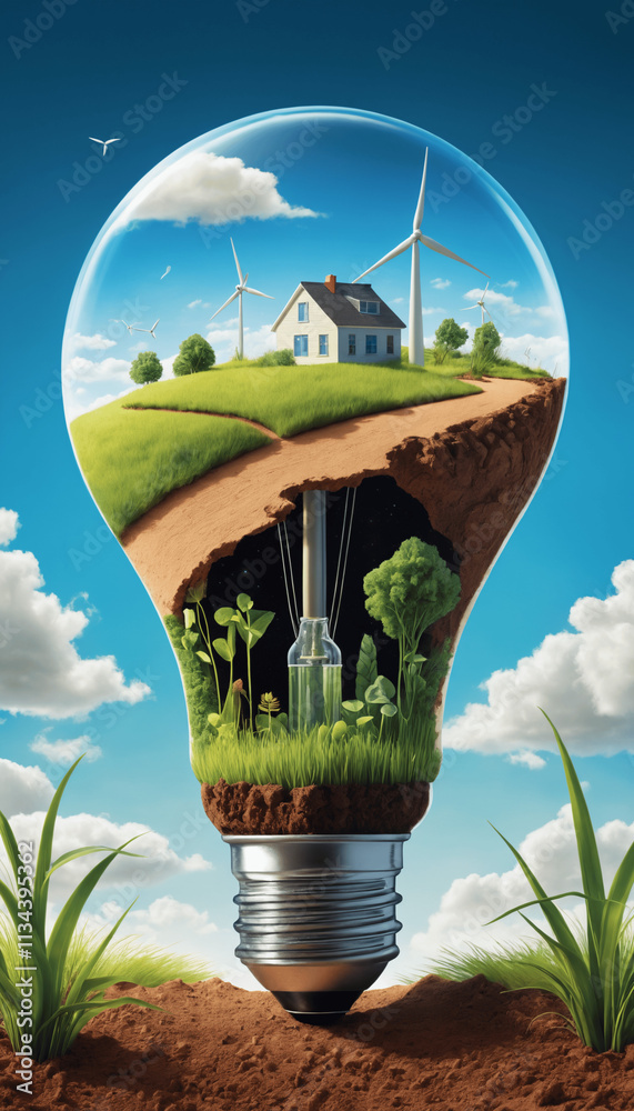 Wind turbine inside a bulb illustrating the generation of energy as a ...