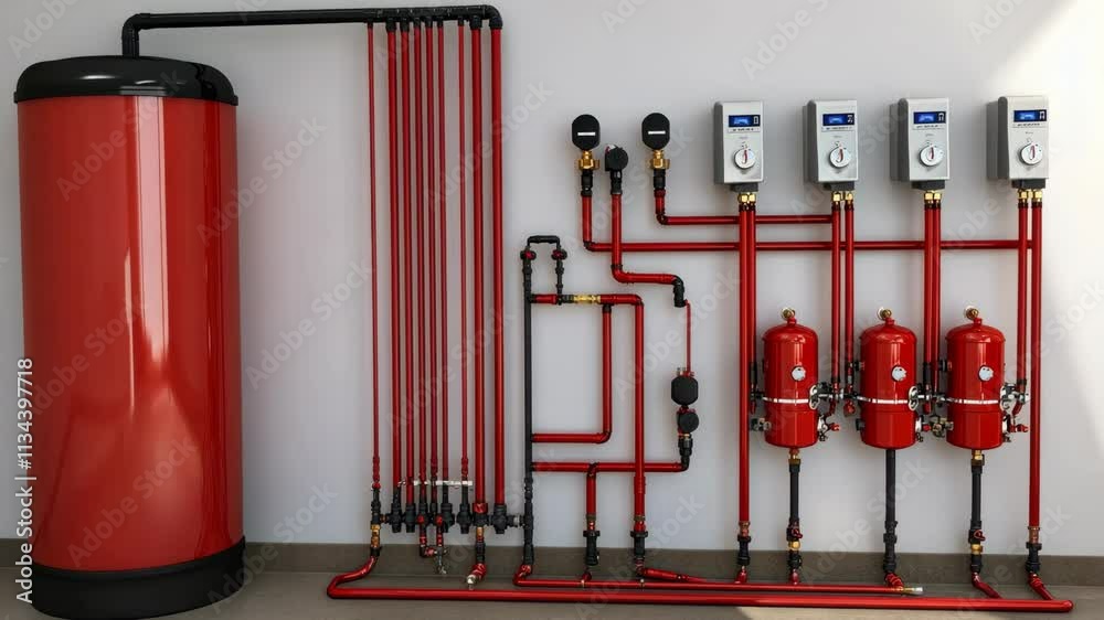 Detailed layout of a modern fire protection system with red piping and ...