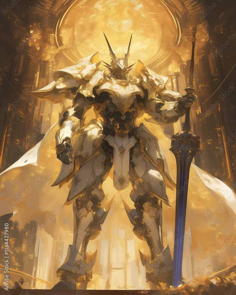 grand knight in gold armor wielding a mighty sword amidst a cathedral's ...