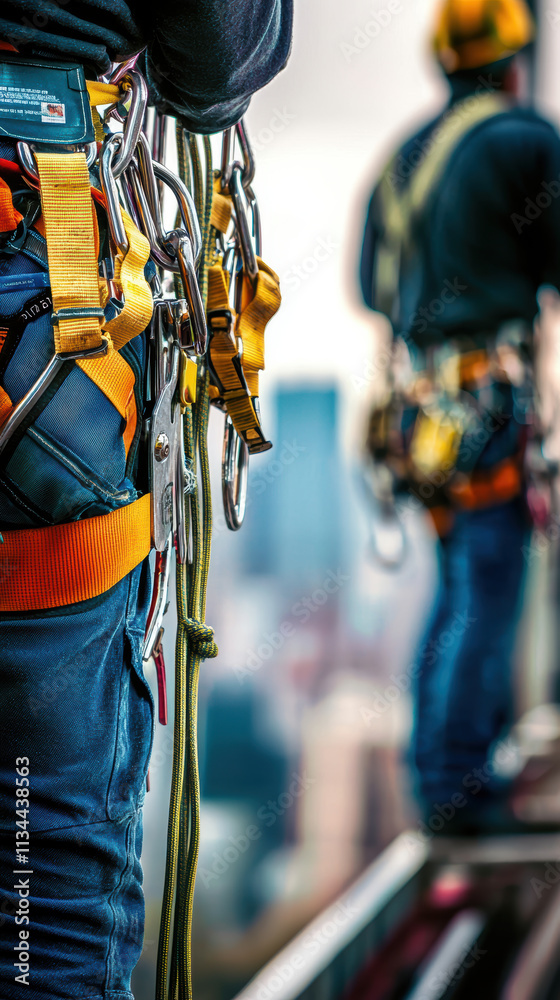 Construction crew securing safety harnesses while working at height ...