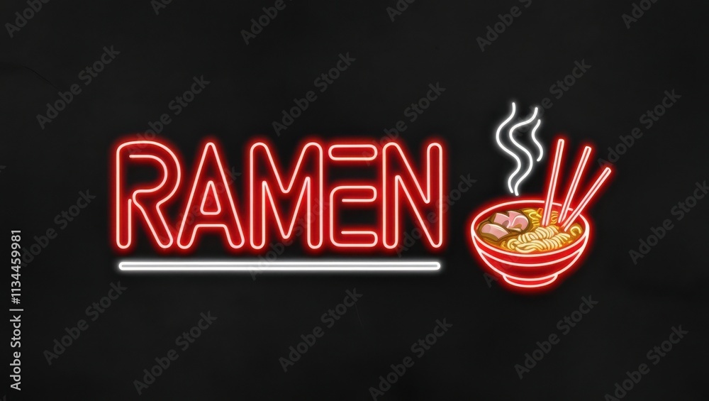 neon glowing ramen text with ramen bowl food banner, neon light food ...