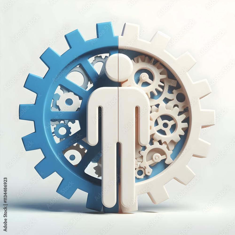 3D Plain background with human and robotic gears interlocking concept ...