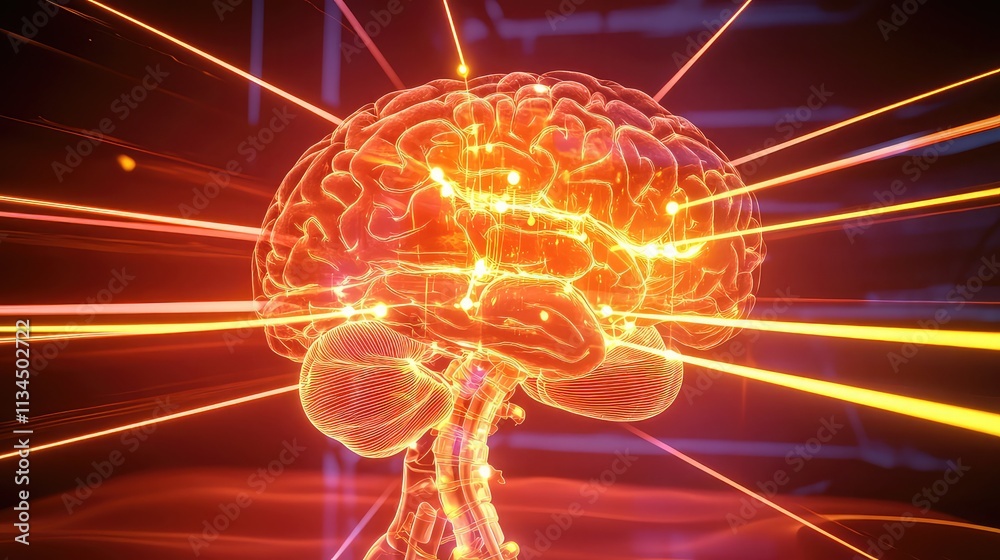 A glowing 3D holographic display of a brain and spinal cord, with light ...