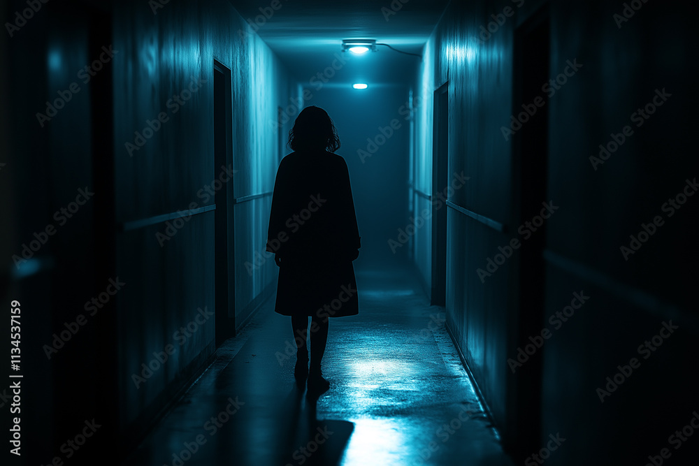 Mysterious figure walking through a dimly lit hallway during nighttime ...