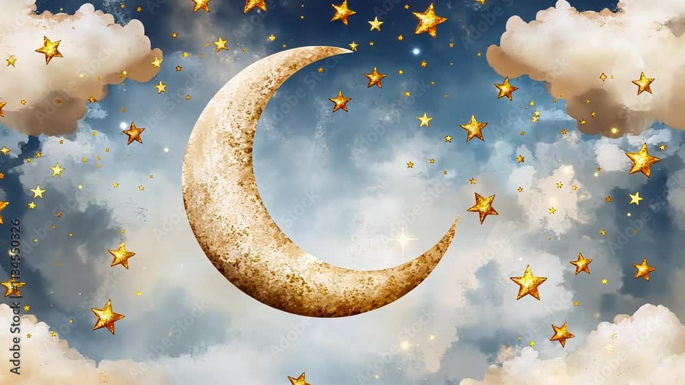 Crescent moon and stars animated transition in night sky with clouds ...
