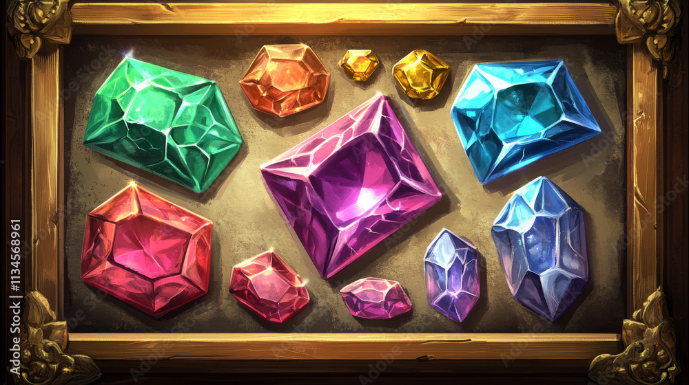 Match 3 magic gem game with gold frame setting vector set. App jewel ...