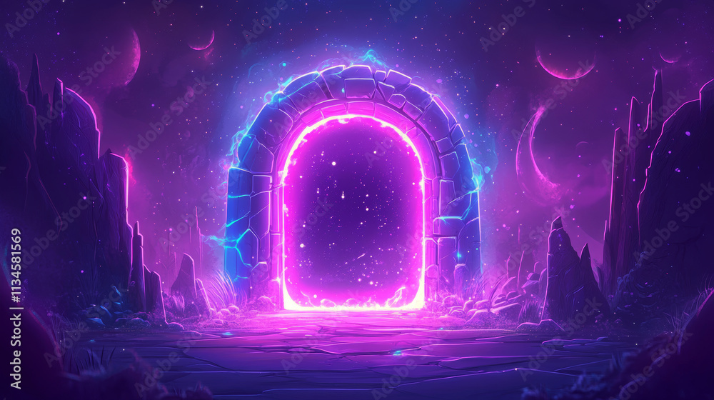 Stone arch fantasy door portal with magic neon glow. Game ui design of ...