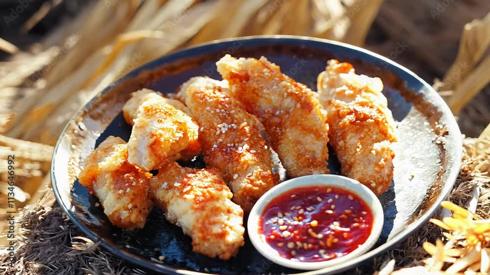 A close-up of a plate of spring rolls, golden and crispy, served with a ...