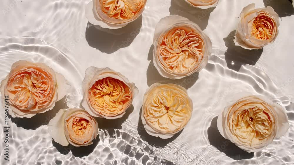 Yellow rose flowers on water surface. Waves, water Splash on white ...