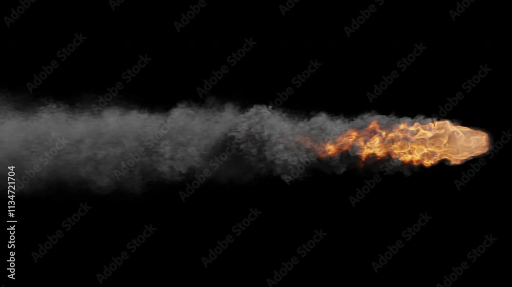 Side view animation of a looping meteor with a blazing fire and smoke ...