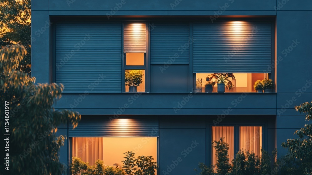 House facade featuring closed roller shutters on all windows, with a ...