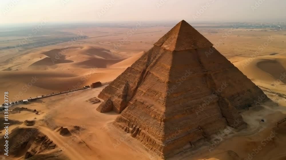 The pyramid is a large structure in the desert. The desert is a vast ...