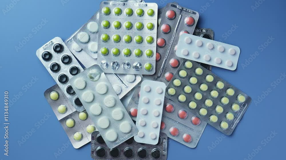 Blisters with medicines on table. Variety of pharmaceutical pills and ...