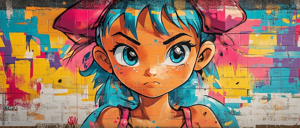 Urban graffiti art in cartoon anime style, featuring large expressive ...