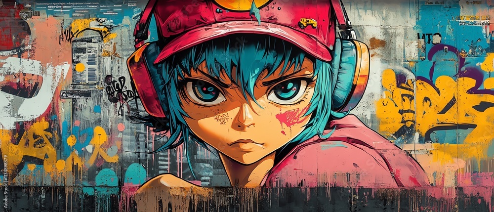 Urban graffiti art in cartoon anime style, featuring large expressive ...