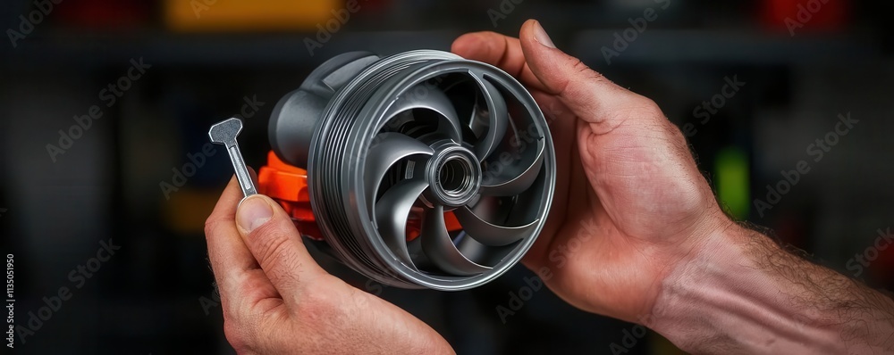 mechanics repair concept. A close-up of hands using a hex key to adjust ...