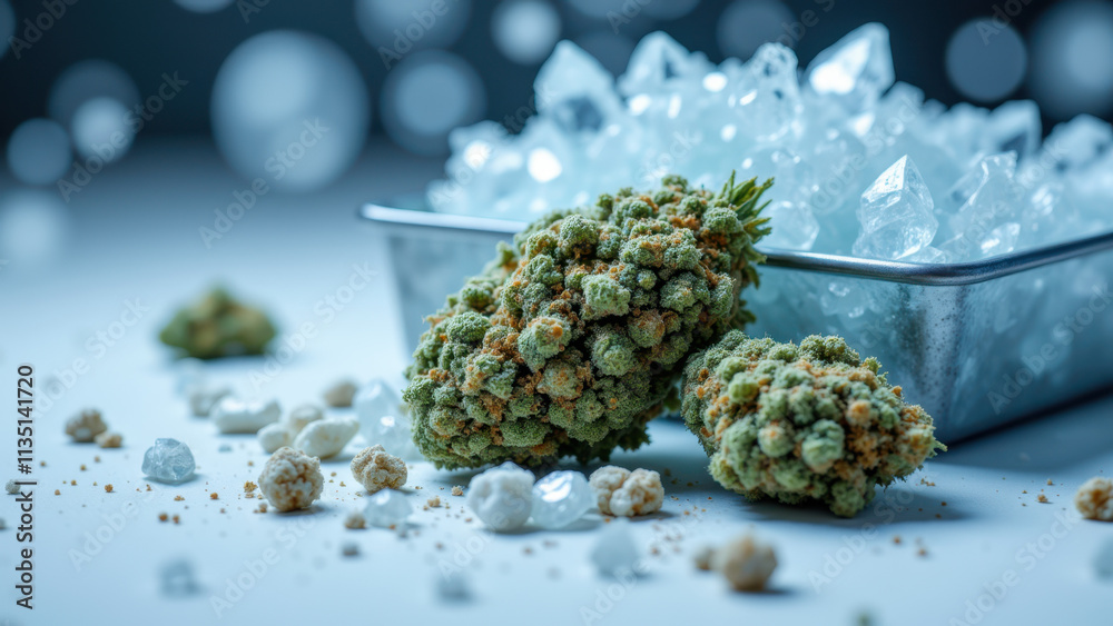 Poster A close-up photograph of cannabis buds with crystalline ...